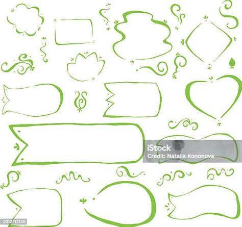 녹색 손으로 그린 곡선 프레임 세트 구름 모양 마름모 직사각형 길고 짧은 리본 물결 모양의 리본 심장 타원형 꽃 모양 0명에 대한 스톡 벡터 아트 및 기타 이미지 Istock