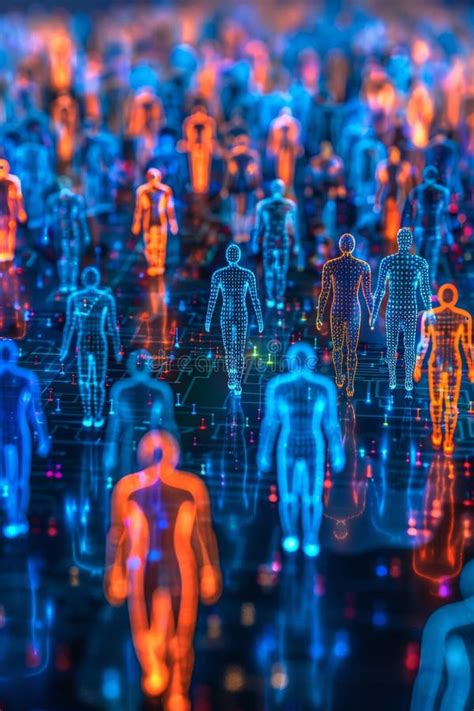 Crowd Of Glowing Digital Human Figures Artificial Intelligence And Big Data Concept Stock