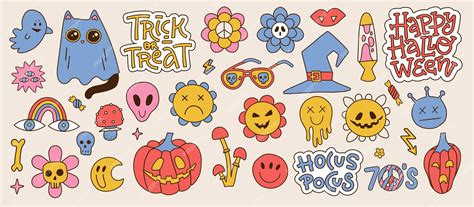 히피 디자인 꽃의 복고풍 그루비 스타일 사이키델릭 컬렉션에 설정된 그루비 할로윈 요소 프리미엄 벡터