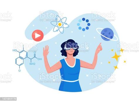 사이버 공간 메타버스 디지털 가상 현실 기술 가정에서의 혁신 인터랙티브 교육 Vr 안경과 헤드셋을 착용한 여성이 시뮬레이션의