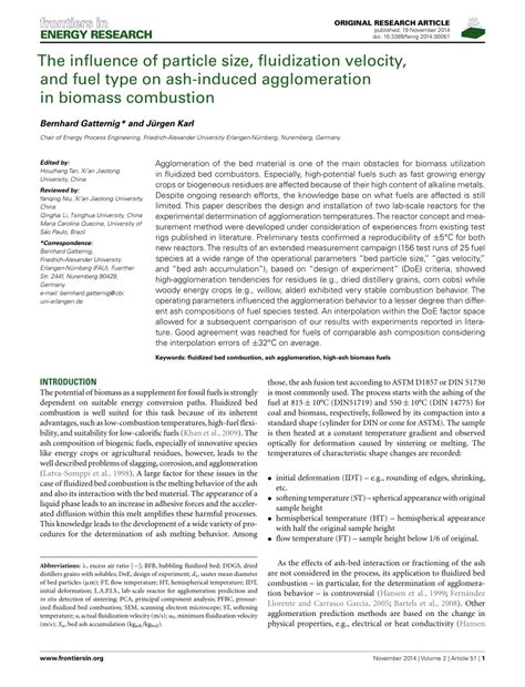 Pdf The Influence Of Particle Size Fluidization Velocity And Fuel Type On Ash Induced