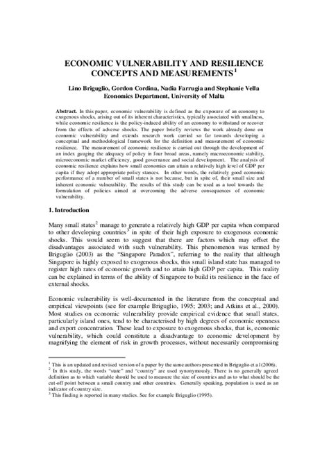 Pdf Economic Vulnerability And Resilience Concepts And Measurements