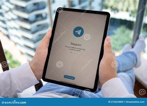 Man Hand Holding IPad Air Space Gray With Service Telegram Editorial Stock Image Image Of Gray