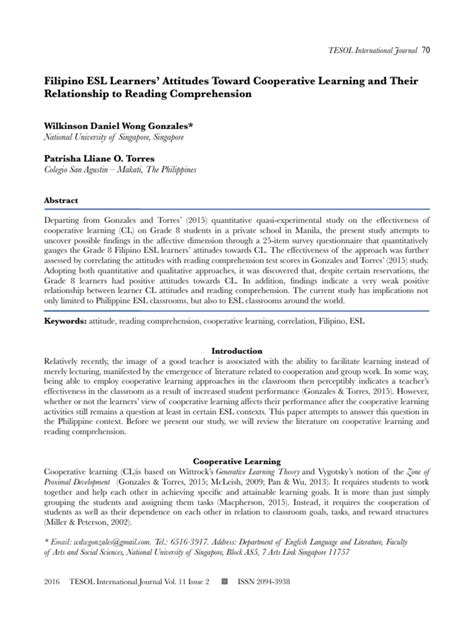 Filipino Esl Learners Attitudes Toward Cooperative Learning And Their Relationship To Reading