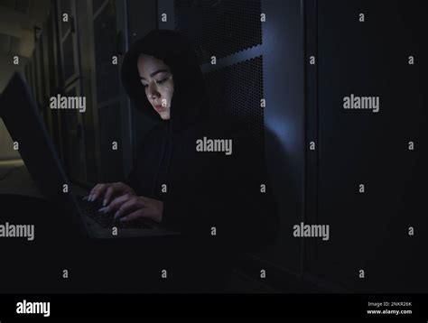 Hacking Server Room And Woman Computer Coding Data Center Crime And