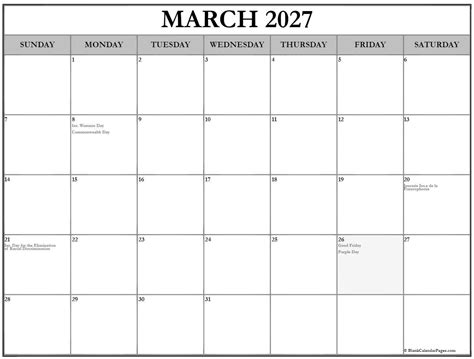 March 2027 With Holidays Calendar