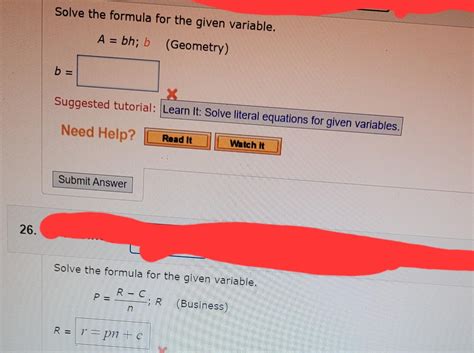 solved solve the formula for the given variable a bh b