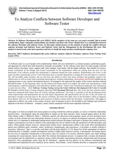 To Analyze Conflicts Between Software Developer And Software Tester Pdf