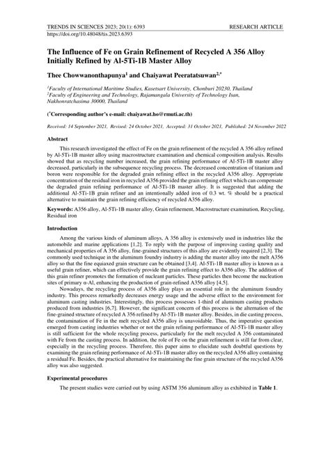 Pdf The Influence Of Fe On Grain Refinement Of Recycled A 356 Alloy Initially Refined By Al