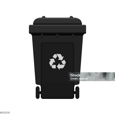 쓰레기통 흰색 배경에 고립 된 폐기물을 위한 재활용 플라스틱 검은 바퀴 달린 쓰레기통 재활용 폐기물 기호가있는 검은 색 쓰레기통 쓰레기 폐기물을위한 재활용 휠리 빈 검은