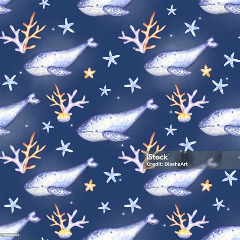 파란색 배경에 고래 별 산호가 있는 매끄러운 해양 패턴 수채화 아이들 배경입니다 직물 벽지 인쇄물 직물 아기 방 카드에 인쇄