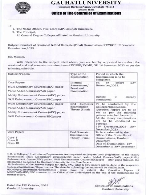 Notification For Fyugp Exam And Exam Programme 1st Sem Download Free Pdf Science