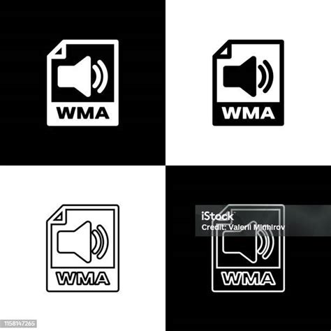Wma 파일 문서 아이콘을 설정합니다 흑백 배경에 격리 Wma 버튼 아이콘을 다운로드합니다 Wma 파일 기호입니다 Wma 음악 형식 기호입니다 벡터 일러스트레이션 0명에