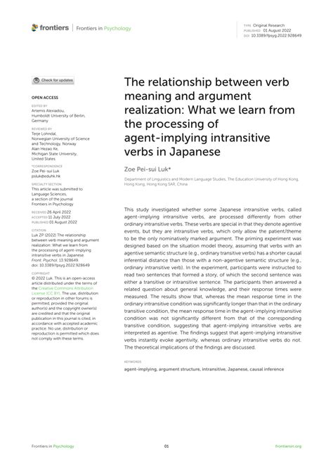 Pdf The Relationship Between Verb Meaning And Argument Realization