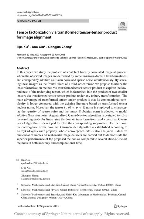 Tensor Factorization Via Transformed Tensor Tensor Product For Image Alignment Request Pdf