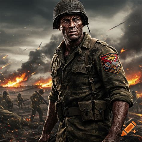 A Gritty Battle Hardened Soldier In A Helmet And Uniform Stands On A
