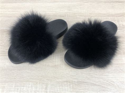 Black Fox Fur Slipper Eco Natural Furs