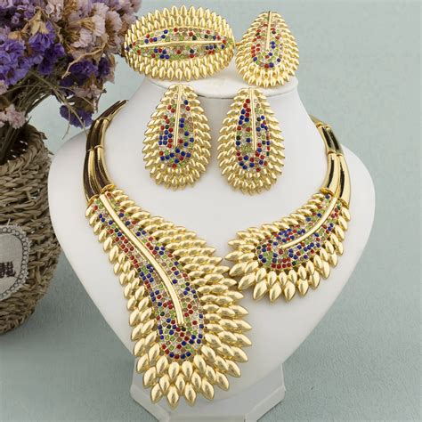 여성용 트렌디 컬러풀 쥬얼리 세트 지르콘 컬러 귀걸이 및 목걸이 대형 금도금 팔찌 반지 새로운 스타일 쥬얼리 선물 Aliexpress