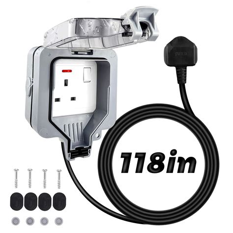 Buy 1 Gang Weatherproof Outdoor Socket With 10ft 3m Extension Cable Ip66 Waterproof Single