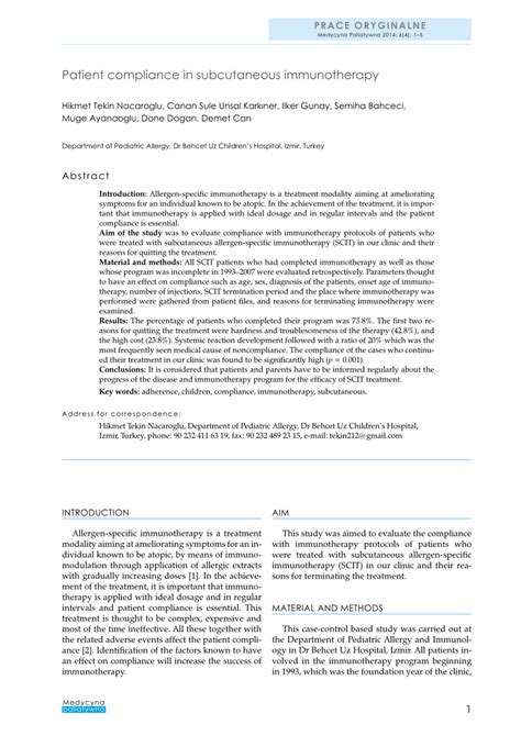 Pdf Patient Compliance In Subcutaneous Immunotherapy