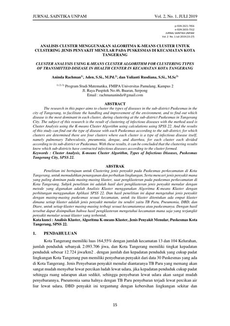 PDF ANALISIS CLUSTER MENGGUNAKAN ALGORITMA K MEANS CLUSTER UNTUK CULSTERING JENIS PENYAKIT