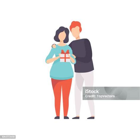 레드 리본 활 장식 선물 상자를 주는 젊은 남자 그의 임신한 아내 휴일 개념을 축 하 하는 사람들이 흰색 배경에 그림을 벡터 개념과 주제에 대한 스톡 벡터 아트 및 기타