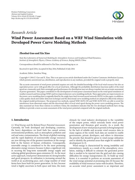 Pdf Wind Power Assessment Based On A Wrf Wind Simulation With Developed Power Curve Modeling