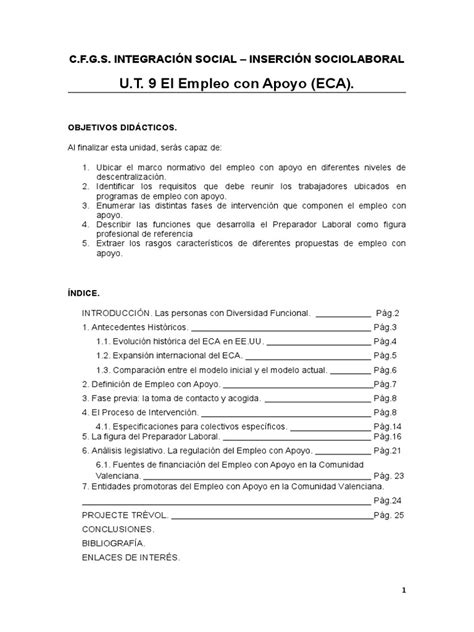 U T 9 El Empleo Con Apoyo Eca C F G S Integración Social Inserción Sociolaboral Pdf