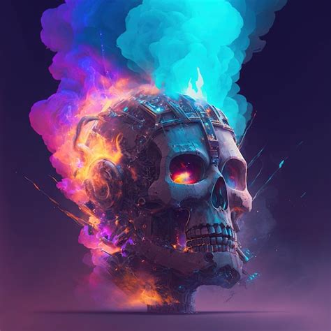 유색 연기로 인간 두개골 폭발의 인공 지능 개념 Ai 기술 Ai 생성 이미지 Ai Generative 프리미엄 사진