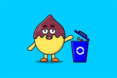 쓰레기를 쓰레기통에 던지는 귀여운 만화 고구마 프리미엄 벡터