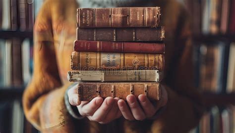 Hands Holding Stack Of Vintage Old Books Concept Of Self Education Self Development Stock