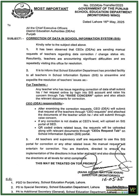 Important Notification Punjab School Education Department Makes Sis