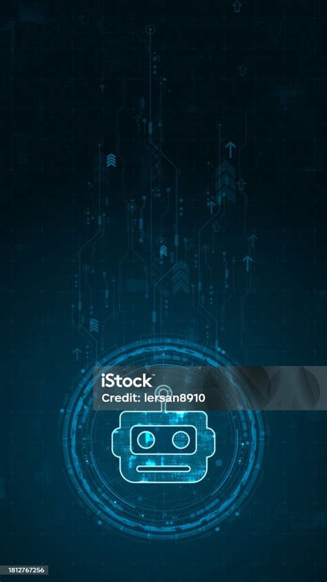 파란색 디지털 로봇 머리 로고와 추상적인 배경 수직에 기계 학습 기술 및 Ai 지원 개념이 있는 흐르는 화살표가 있는 원형 미래 지향적인 Hud 요소 챗봇에 대한 스톡 사진
