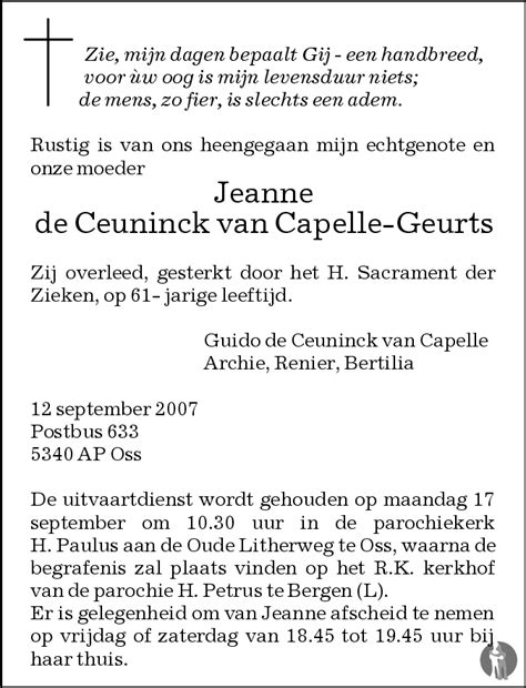 Jeanne De Ceuninck Van Capelle Geurts 12 09 2007 Overlijdensbericht En Condoleances