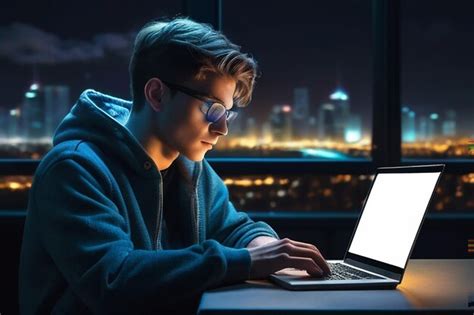 A Young Man Programmer Coding On A Laptop In The Dark With A View Of The Lights Premium Ai