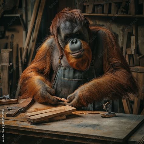 An Orangutan Is Focused On Crafting Furniture Using Tools And Wood In A Well Equipped Workshop