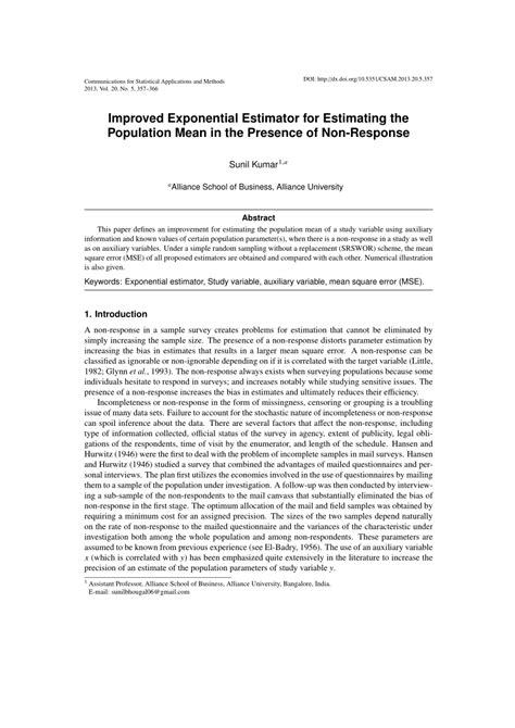 Pdf Improved Exponential Estimator For Estimating The Population Mean In The Presence Of Non