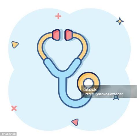 코믹 스타일의 청진기 아이콘 고립 된 배경에 심장 진단 만화 벡터 그림 의학 스플래시 효과 사인 비즈니스 개념 건강 진단에 대한 스톡 벡터 아트 및 기타 이미지 Istock