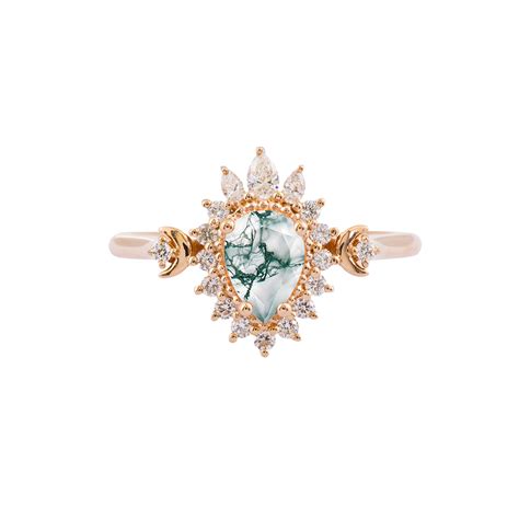 Crescent Moon Art Deco Moss Agate Ring Daisy Sunday Island Jewelry