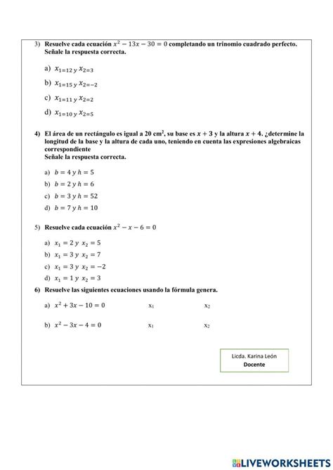 Refuerzo Ecuaciones De Segundo Grado Online Exercise For Live Worksheets