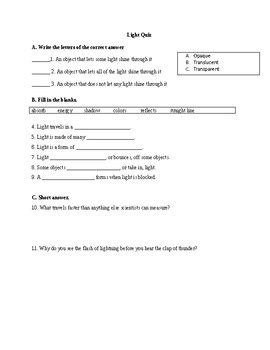Light Quiz By Miss Broome S Class Teachers Pay Teachers
