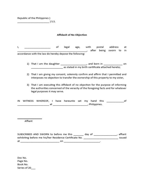 Affidavit Of No Objection On Property Template Pdf