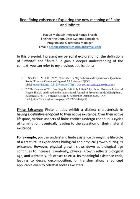 Pdf Redefining Existence Exploring The New Meaning Of Finite And Infinite