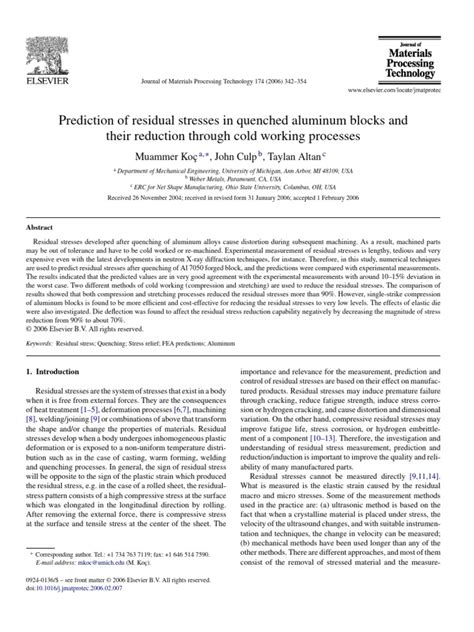 Koc06 Prediction Of Residual Stresses In Quenched Aluminum Blocks And Their Reduction Through