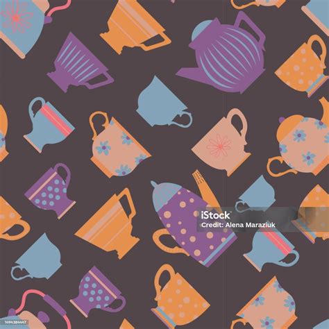 다른 패턴을 가진 멀티 컬러 컵 세트입니다 차 커피 음료 인테리어 배너입니다 세기 중반 손으로 그렸습니다 벡터 그림입니다 아이콘에 대한 스톡 벡터 아트 및 기타 이미지