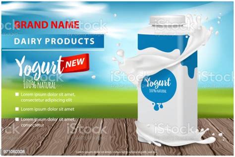 요구르트 광고 맛 요구르트 스플래쉬 잡지 또는 웹 디자인에 대 한 3 차원 벡터 일러스트 레이 션과 스크류 캡과 플라스틱 병 광장 0명에 대한 스톡 벡터 아트 및 기타