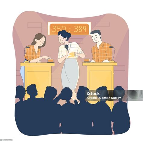 퀴즈 게임 개념입니다 여성과 남성이 발표자의 질문에 답합니다 학식과 지식을 테스트합니다 텔레비전 쇼의 참가자 및 게스트 선형 벡터 그림 텔레비전 산업에 대한 스톡 벡터 아트