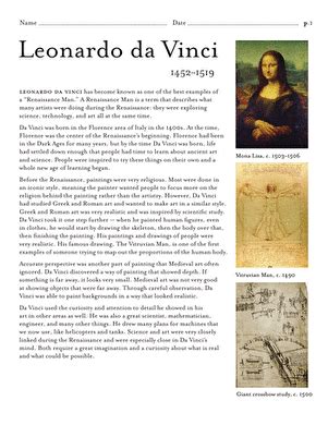 Leonardo Da Vinci Printable Biography Homeschool Art