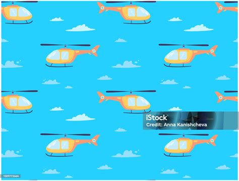 구름을 통해 비행 헬리콥터와 벡터 인쇄 하늘에 프로펠러가 있는 항공 운송 노란색 헬리콥터 섬유어린이 패턴 만화 스타일 고립 격리에 대한 스톡 벡터 아트 및 기타 이미지