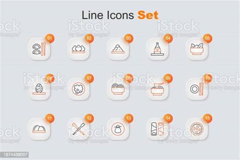 세트 라인 수제 파이 Guotie 완탕 음식 젓가락 초밥 접시 라면 수프 그릇 및 아시아 국수를 아이콘으로 설정합니다 벡터 0명에 대한 스톡 벡터 아트 및 기타 이미지